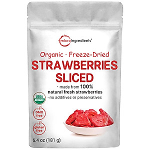 Micro Ingredients Organic Strawberries Sliced, 6.4oz | 100% Natural Fruit | Freeze Dried Strawberry Source | No Sugar & Additives | Healthy Snack & Topping for Beverages or Recipes | Non-GMO, Vegan