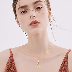 14K Solid Gold Crescent Moon Necklace for Women, Real Gold Moissanite Moon Pendant with Pearl Necklace Anniversary Jewelry Gift for Her, 16-18 Inch
