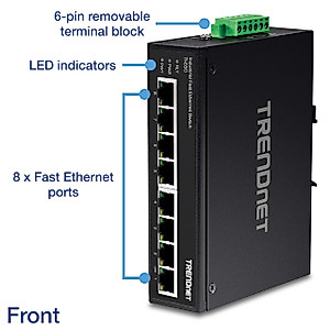 TRENDnet 8-Port Industrial Unmanaged Fast Ethernet DIN-Rail Switch, TI-E80 8 x Fast Ethernet Ports, 1.6Gbps Switching Capacity, IP30 Metal Switch, Lifetime Protection, Black
