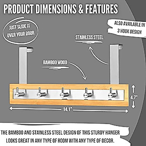 ToiletTree Products Bamboo Wood & Stainless Steel Over The Door Towel Rack, 5 Hooks