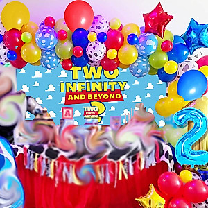 HEETON Two Infinity and Beyond Backdrop Buzz Banner Light Year Cake Topper Toy Inspired Story 2nd Birthday Balloons Garland Party Supplies Decorations Photo Prop for Girl Boy Baby Background