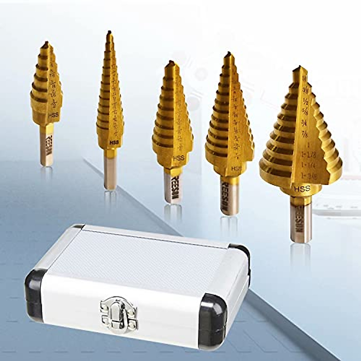 Reeson Step Drill Bits 5pcs 50 Sizes Unibit High Speed Steel Titanium Coated Double Cutting Blades for Sheet Metal Hole Drilling Cutting with Automatic Center Punch
