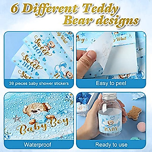 Clabby 39 Pieces Water Bottle Labels, Stickers Wrappers Waterproof Labels for Baby Shower Party Decoration (Blue, Bear Style), 1.0 Count