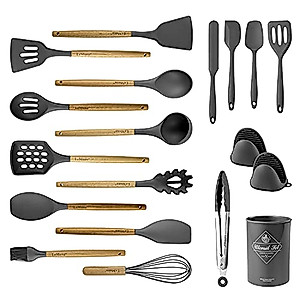 LeMuna 18pcs Silicone Kitchen Utensils Set, Kitchen Cooking Utensils Set with Holder, Wooden Handle Silicone Utensils Set, Heat Resistant, BPA Free, Non Toxic, Gray