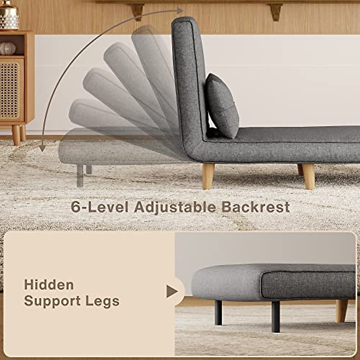 Aiho Convertible Sofa & Chair Bed, Futon Chair Sleeper with Soft Pillow, Modern Linen Fabric Solid Wood Legs, Dark Grey