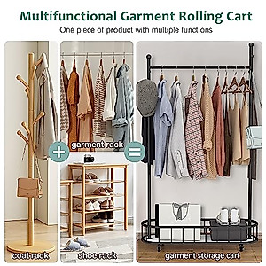 jxgzyy Clothing Rack Metal Garment Rack with Basket Rolling Clothes Rack with Hanging Rod Wardrobe Rack on Wheels Multi-functional Closet Rack for Bedroom Cloakroom Laundry