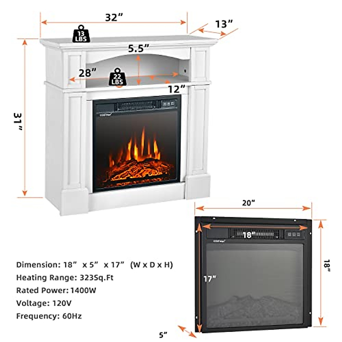 COSTWAY 32-inch Electric Fireplace with Mantel, Adjustable Freestanding Heater with Remote Control, Shelf, 3D Flame Brightness, Overheat Protection, Mantel Fireplace for Living Room, 1400W (White)
