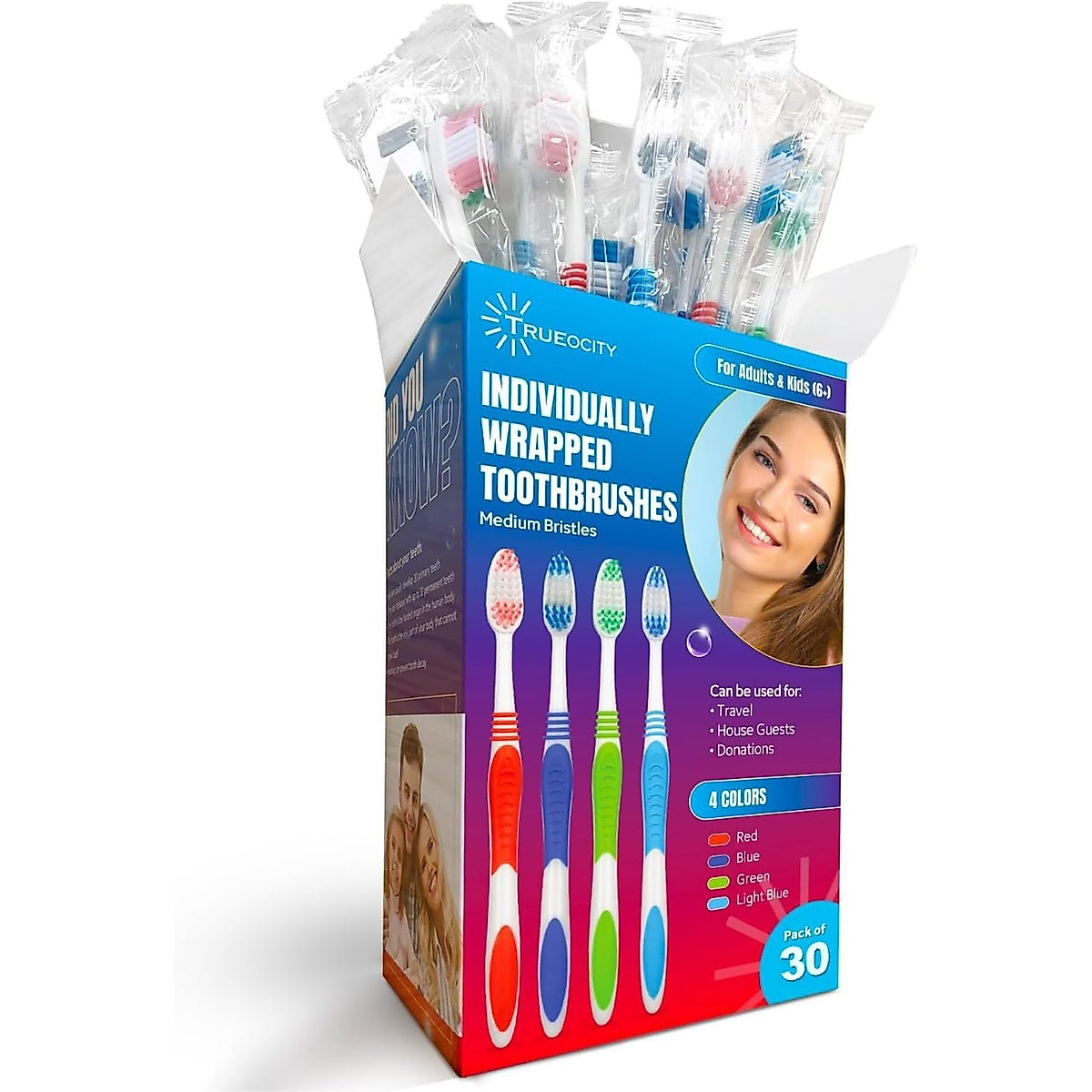 Toothbrushes Bulk Individually Wrapped - 30 Pack, Bulk Toothbrush, Medium BristleToothbrush, Individual Toothbrushes, Multi-Colored Toothbrushes Pack For Adults And Kids, Multi Pack Toothbrushes