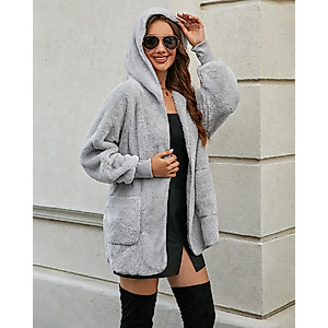 LookbookStore 2024 Winter Coat for Women Fashion Teddy Bear Coat Cardigan Jackets Winter Hoodie Outwear Fashion Winter Coats for Women Light Grey Sherpa Fleece Jacket Women Size M Size 8 10