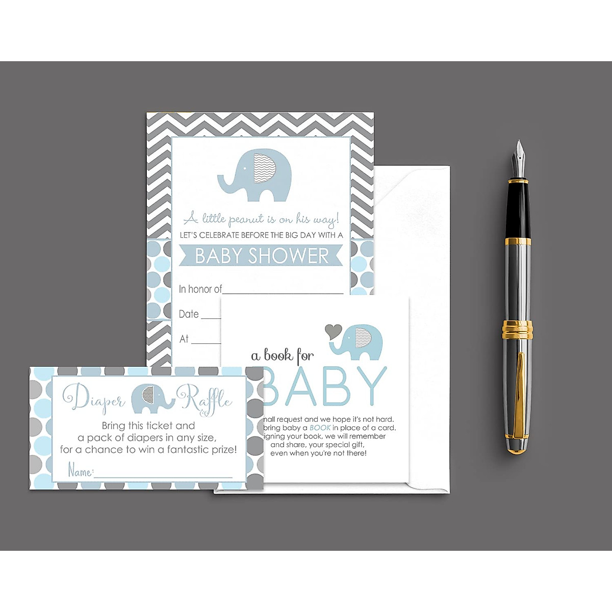 Paper Clever Party Blue Elephant Baby Shower Invitation Bundle with Blank Invites with Envelopes for Boys Diaper Raffle Tickets Bring a Book Insert Cards Set (25 of Each) Jungle Theme Royal Prince