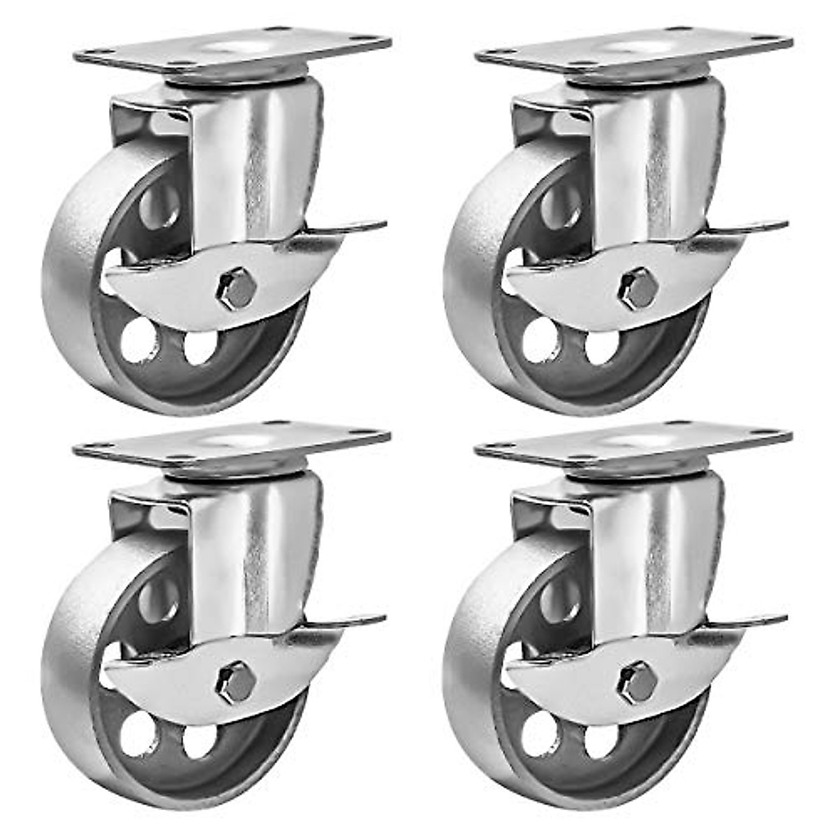 4 All Steel Swivel Plate Caster Wheels w Brake Lock Heavy Duty High-gauge Steel Gray (3" With Brake)