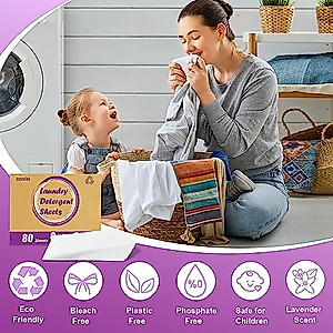 Zimwin Laundry Detergent Sheets, 80 Sheets Lavender Scent Laundry Soap Sheets - Eco-Friendly Hypoallergenic Liquidless Washing Supplies for Dorm Travel Camping - 80 Loads