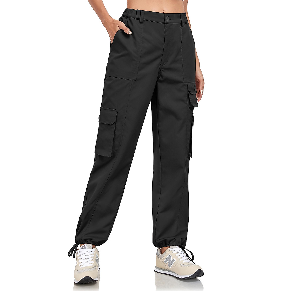 VEOBIKE Women’s Cargo Work Pants Elastic Waist Straight Leg Baggy Casual Hiking Pants Cotton Military Pants 7 Pockets Black