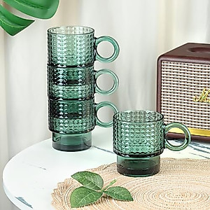 Joeyan Green Glass Coffee Mugs with Handle,Stackable Glass Coffee Cups with Diamond Design,Embossed Drinking Glasses for Espresso Cappuccino Latte Tea Milk,10 oz,Set of 4,Dishwasher Safe