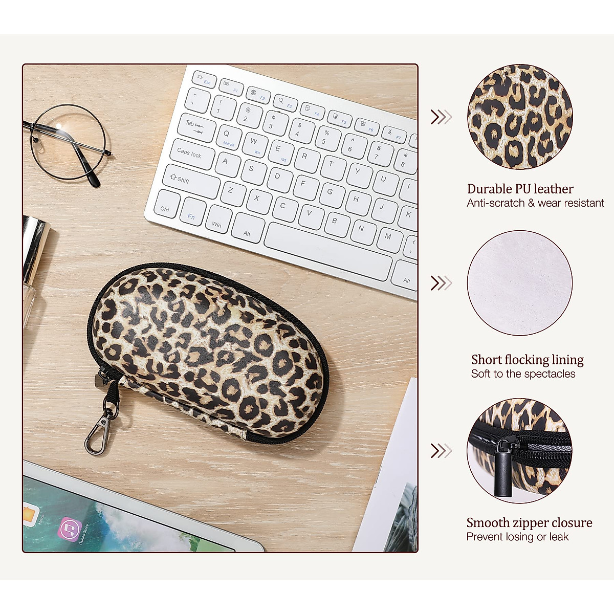 MoKo Unisex PU Protective Eyeglasses Case, Leopard, Zipper, 6.69x3.66x2.28in, 3.27oz