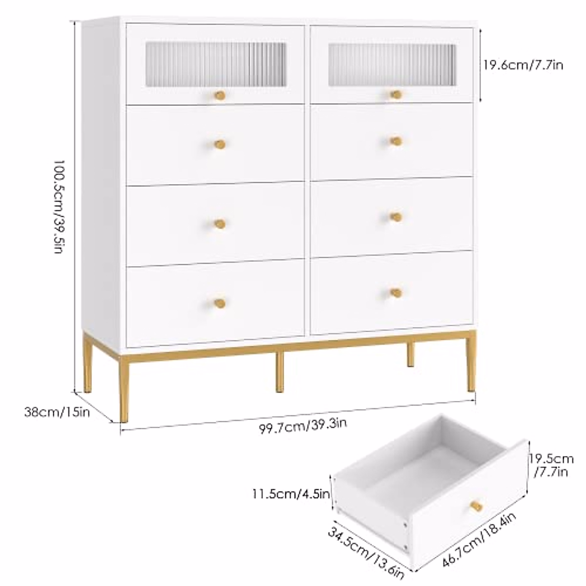 finetones White Dresser, 8 Drawer Dresser White and Gold Dresser with Fluted Glass Door and Gold Metal Legs, Modern Dresser Gold Dresser Wood Storage Chest of Drawers for Home