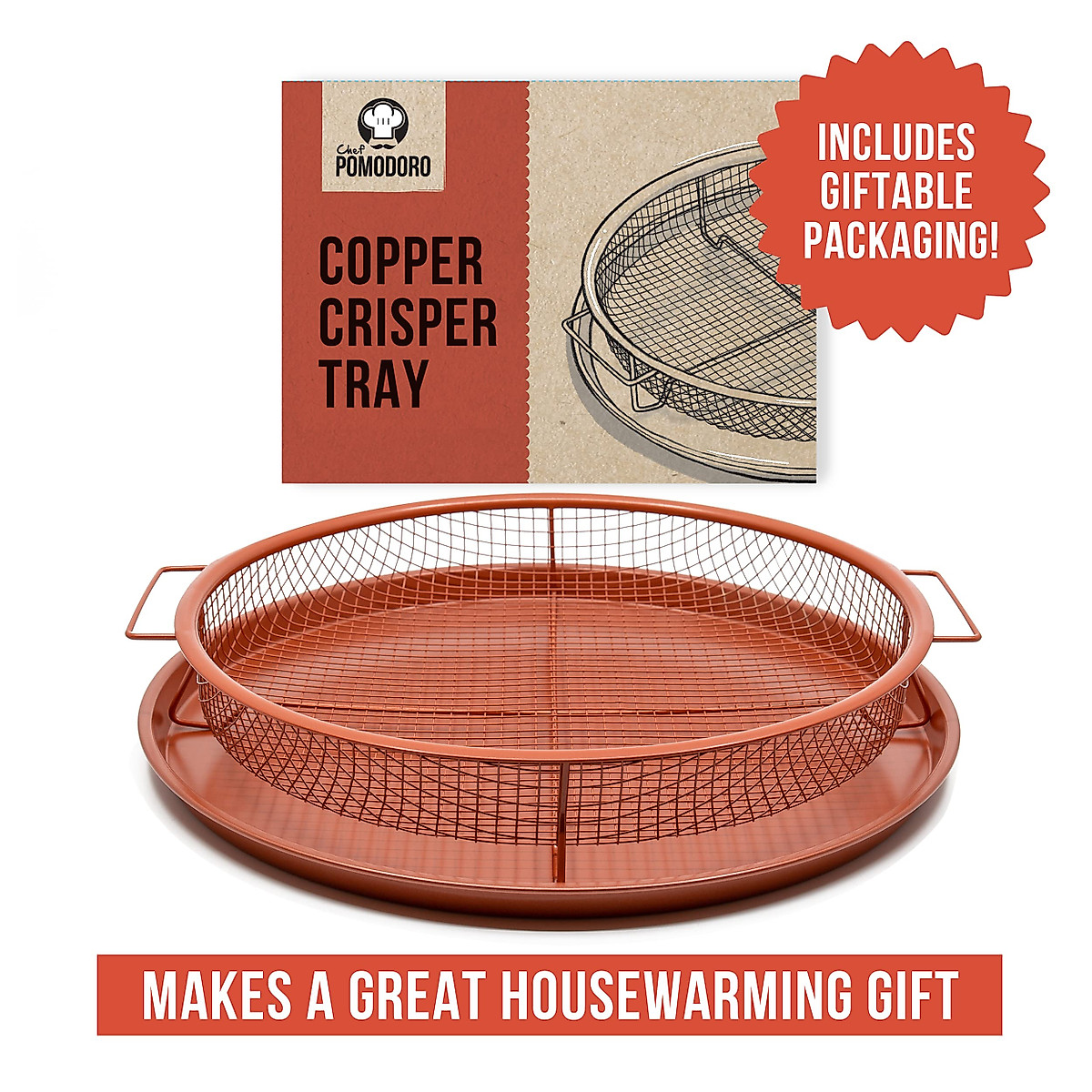Chef Pomodoro Copper Crisper Tray, Air Fryer Tray for Oven, Deluxe Air Fry in Your Oven, 2-Piece Set, Air Fryer Baking Pan, Air Fryer Basket for Oven (Round- Large)