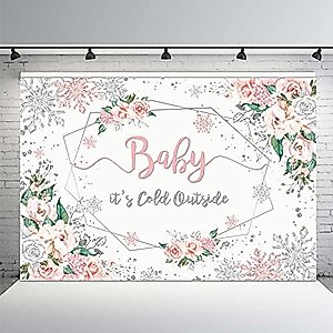 MEHOFOND Baby It's Cold Outside Backdrop Sliver Snowflake Girl Baby Shower Party Decorations Winter Wonderland Photography Background Snowfall Banner Blush Pink Floral Studio Props 7x5ft