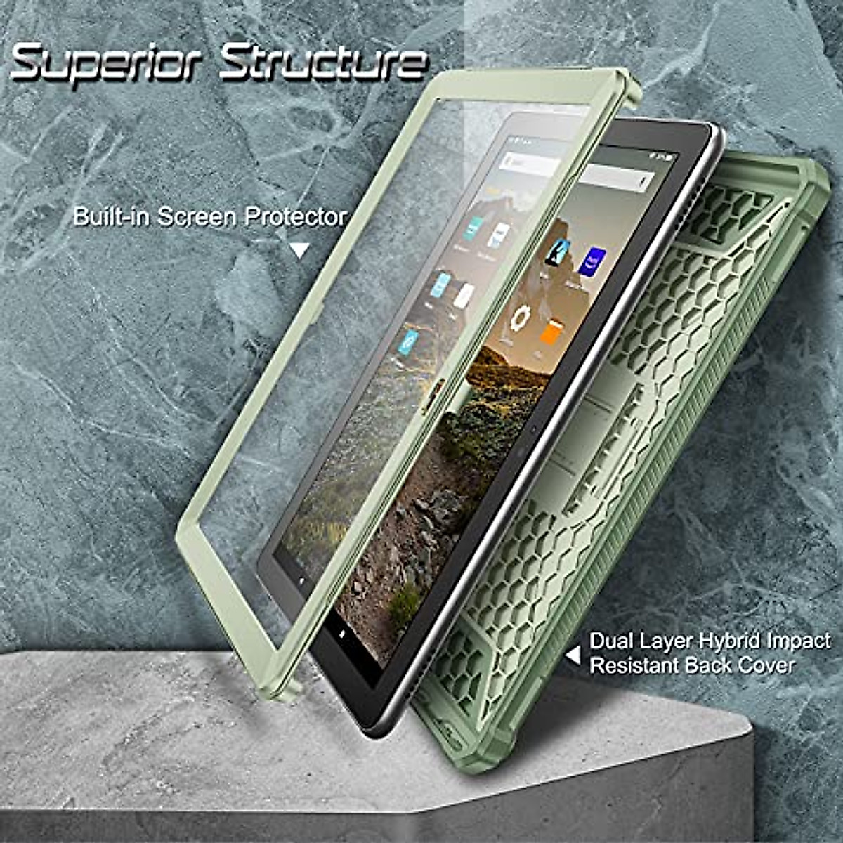 Fintie Case for Amazon Fire HD 10 and 10 Plus Tablet (11th Generation 2021 Release), [Tuatara] Rugged Unibody Hybrid Kickstand Cover w/Built-in Screen Protector, Sage Green