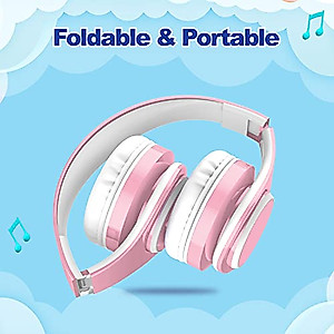 Woice Kids Bluetooth Headphones 85db/110db Volume Limit Wireless/Wired Aux Port Foldable Noise Protection Over-Ear Build-in Mic Headphones for Kids Adults Travel School Phone Pad Tablet PC Pink