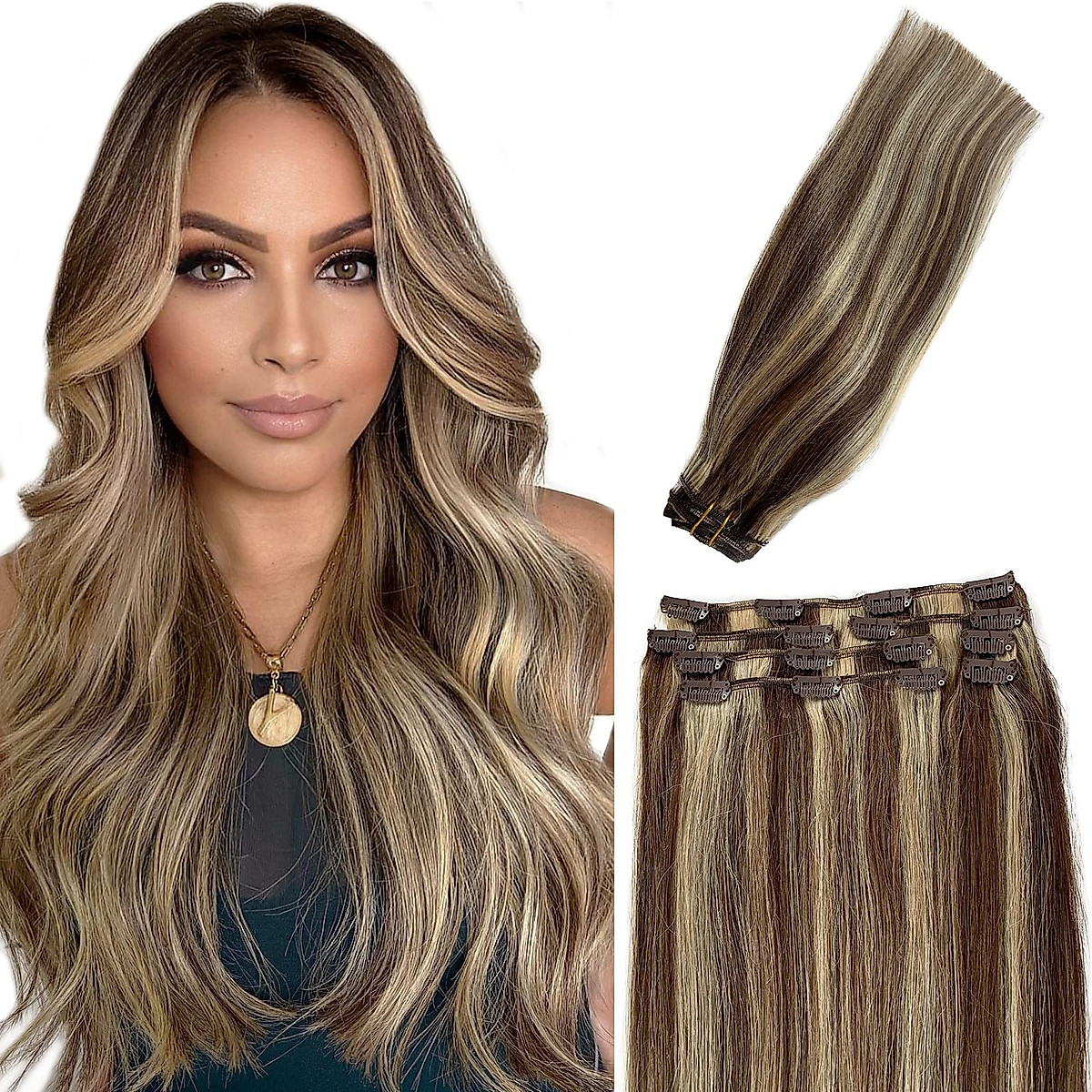 Clip in Hair Extensions Real Human Hair, 15 Inch 7PCS Human Hair Clip in Extensions Brown and Blonde Highlights Thick Full Brown Hair Extensions with Blonde Highlights Clip ins, Lightweight to Wear