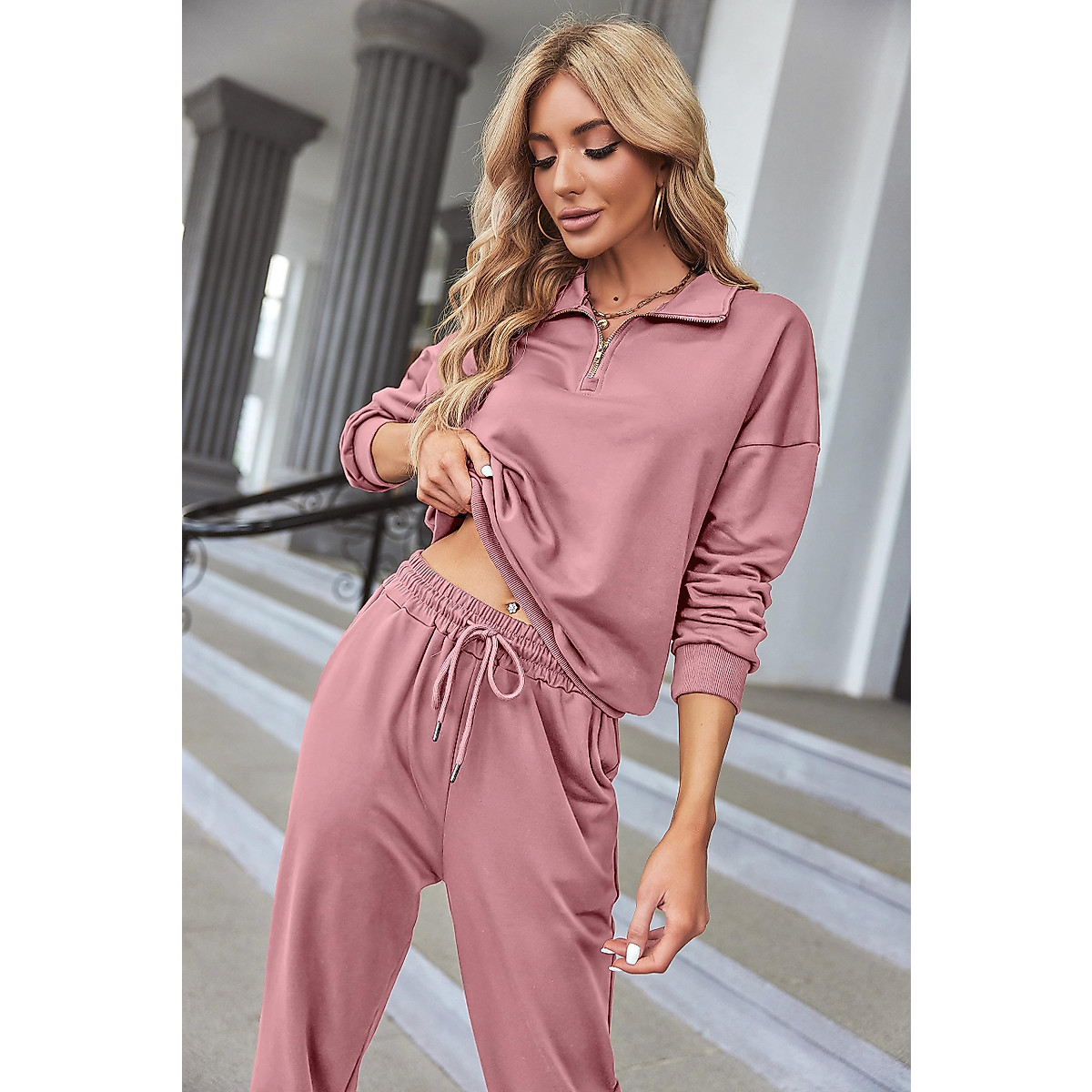 ELESOL Womens Tracksuit Long Sleeve Jogger Sets Zip Pullover Cotton Top and Drawstring Long Pants Set 2 Pieces Outfit