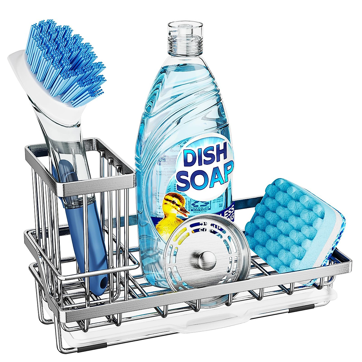 Sink Caddy, Consumest Kitchen Sponge Holder + Dish Brush Holder for Kitchen Sink, Sink Organizer with Drip Tray for Countertop, Stainless Steel Rustproof - Silver