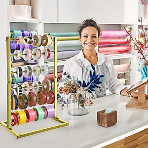 Aulin 6 Tier Large Capacity Ribbon Storage Organizer Rack - Metal Ribbon Spool Holder for Craft Ribbon Washi Tape Arts & Crafts Supplies, Ribbon Rack for Craft Room, Florist Arts Wrapping (Gold)