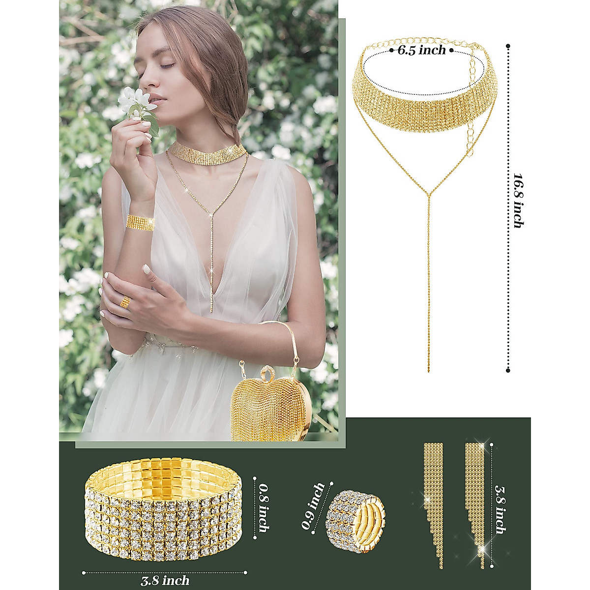 MTLEE 5 Pcs Heart Purse Rhinestone Tassel Evening Clutch Bag Valentine's Day Jewelry Set for Women Wedding Dinner (Gold)