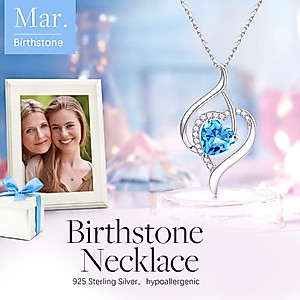 March Birthstone Necklace for Women, Blue Aquamarine Necklace Love Heart Birthstone Jewelry Anniversary Valentines Day Gift for Her Mothers Day Christmas Birthday Gift for Her Mom Wife Girlfriend