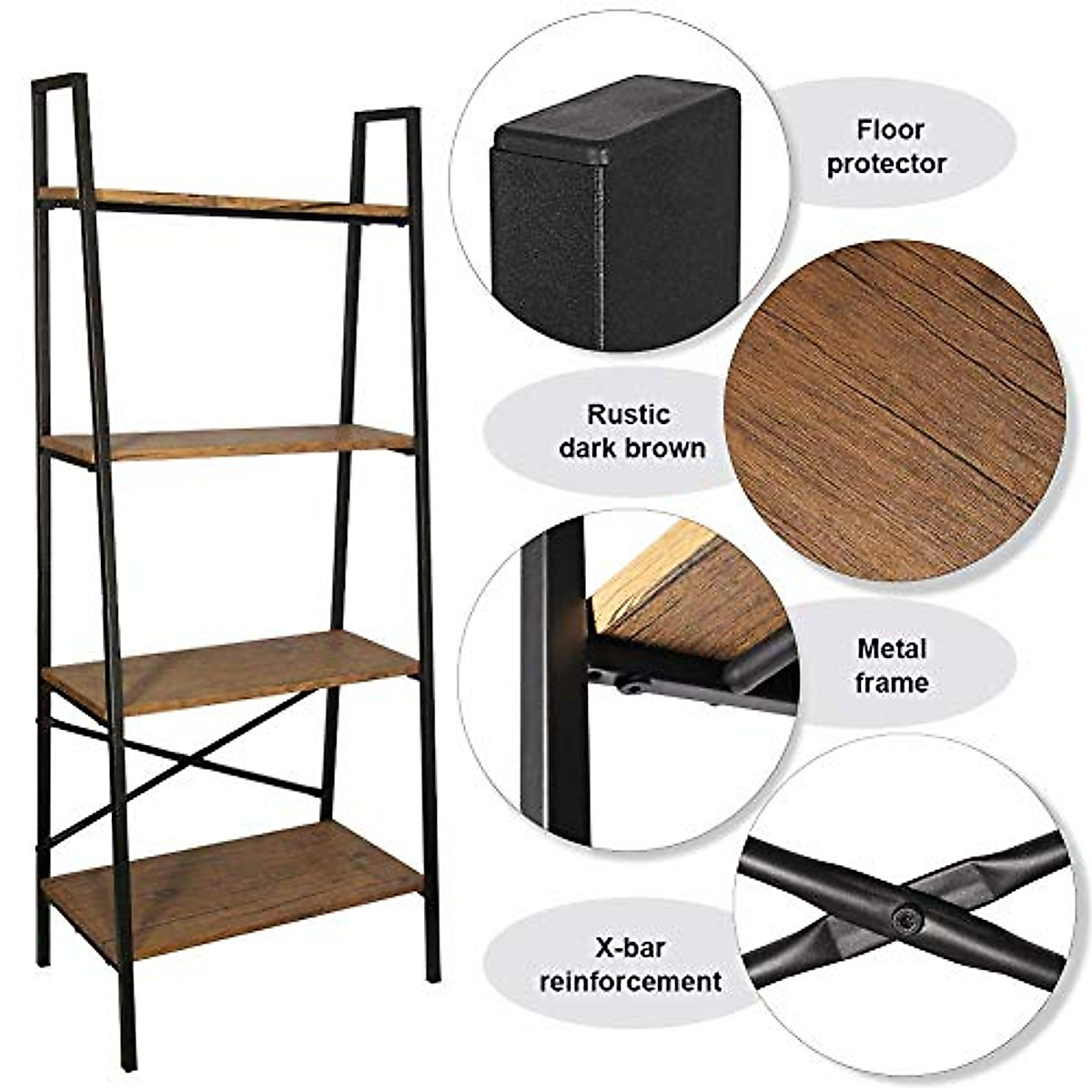 Blissun Ladder Shelf, 4-Tier Bookshelf, Storage Rack Shelf for Office, Bathroom, Living Room, Hazelnut Brown