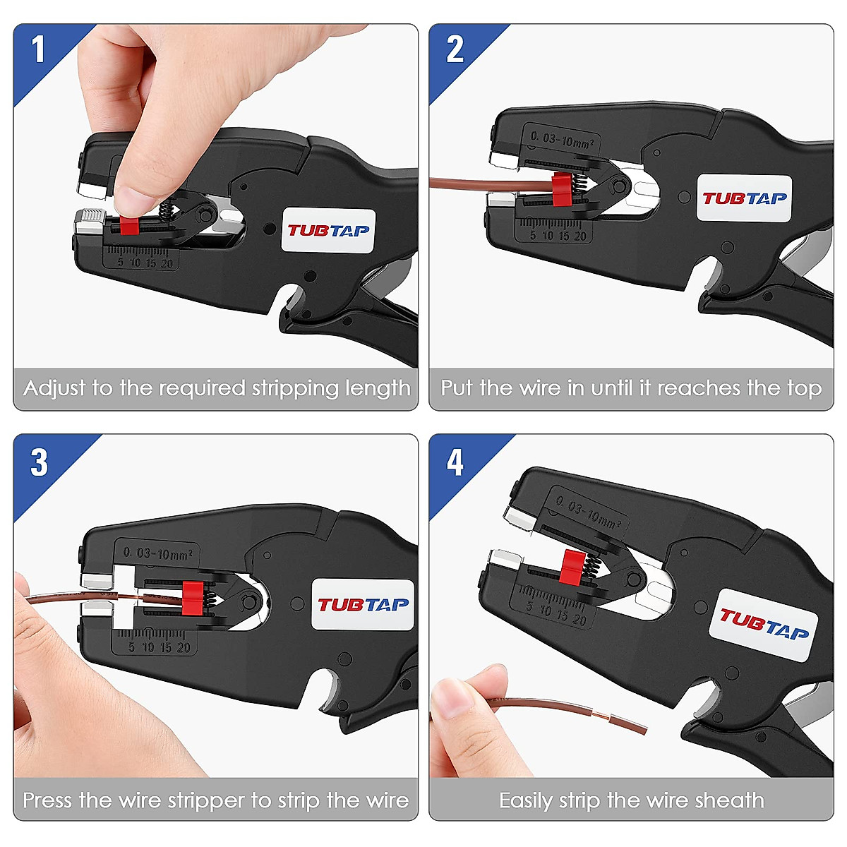 Wire Stripper Automatic, TUBTAP Quick 2 in 1 Wire Stripper Tool [AWG 32-7] - Self Adjusting Wire Stripper for Single-Conductor Stranded or Solid Wire, Wire Stripper Tool for Range 0.25-0.75 Inch