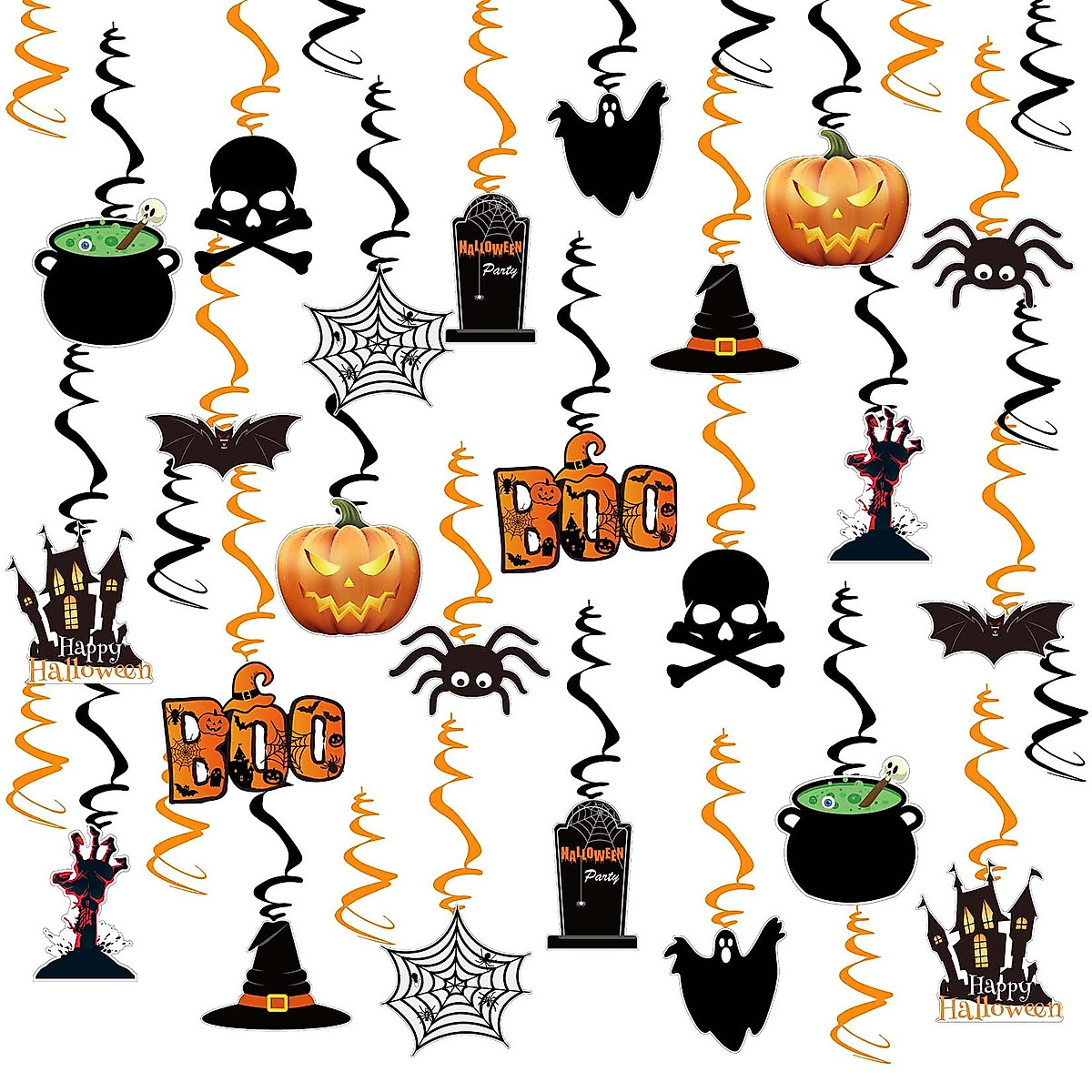 Halloween Hanging Swirl Ceiling Decorations - 24 Pcs Hanging Streamers Halloween Ceiling Decor with Ghost Pumpkin Spider Skull for Home Halloween Party Supplies