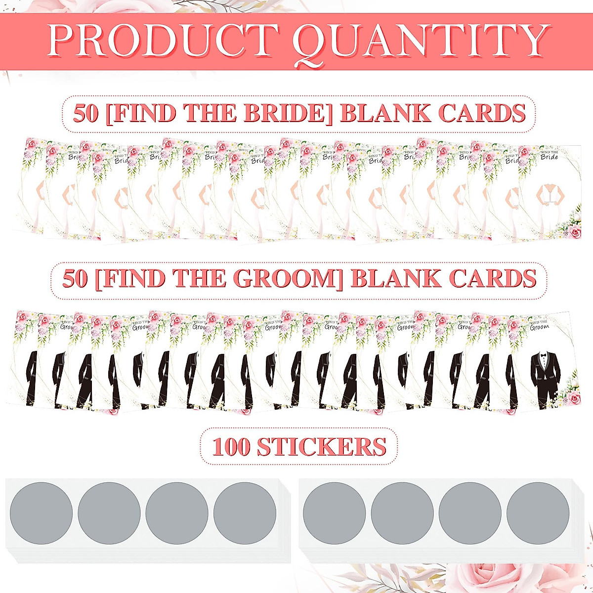 Humyoun 100 Pcs Bridal Shower Games Scratch off Bridal Shower Game Find the Bride Groom Wedding Games Floral Theme Funny Bachelor Party Games Ideas for Guests, 100 Cards, 100 Stickers, No Photos