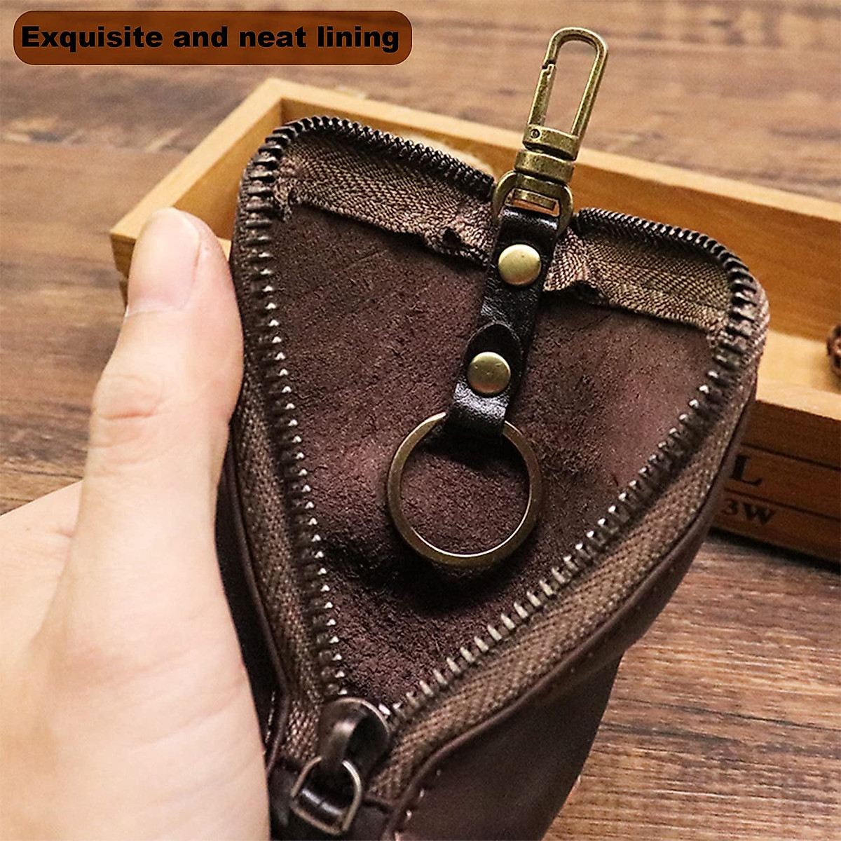 LFWATAXY Medieval Leather Zipper Coin Pouch - Genuine Cowhide, Handcrafted，Coin Organizer, Change Holder，Keychain Coin Purse for Men & Women (Brown)