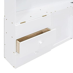 BOVZA Wooden House Montessori Floor Twin Bed for Kids with Window and Bedside Drawers, Platform Bed with Shelves and a Set of Sockets and USB Port, White