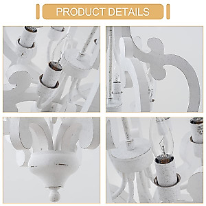 ELYCCUPA Farmhouse Chandelier 6 Candle Lights Distressed White Cottage Wood Chandelier Light Fixture Vintage Rustic Pendant Light for Dining Room Kitchen Bedroom Hallway Living Room, 21 INCH