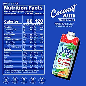 Vita Coco Coconut Water, Peach & Mango - Naturally Hydrating Electrolyte Drink - Smart Alternative to Coffee, Soda, and Sports Drinks - Gluten Free - 16.9 Fl Oz (Pack of 12)