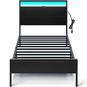 Rolanstar Bed Frame with Charging Station, Twin Bed with LED Lights Headboard, Metal Platform Bed Frame, Strong Metal Slats, 10.2” Under Bed Storage Clearance, No Box Spring Needed, Noise Free