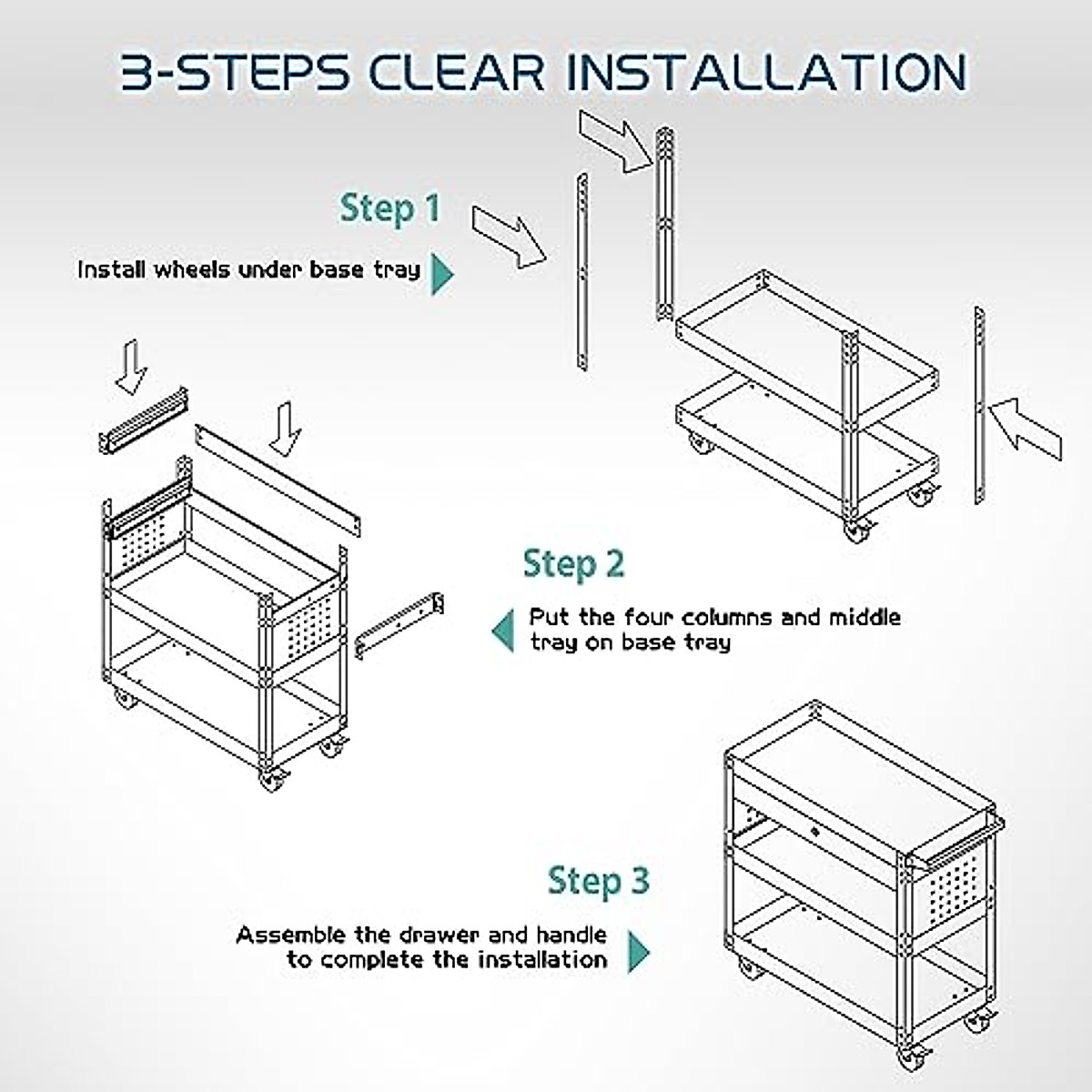3 Tier Rolling Tool Cart Utility Cart on Wheels, Heavy Duty Tool Chest Storage Tool Box Cart, Industrial Mechanic Service Cart with Locked Drawers for Garage, Warehouse, Repair Shop, Workshop (Black)