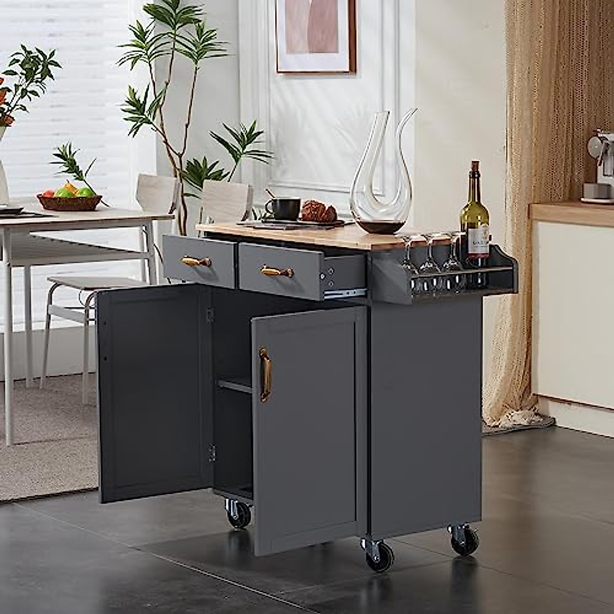 APDYNE Two Door Two Roll Out Kitchen Cart and Storage Cabinet, Rubber Wood Gray Paint Dining Car 99.5 * 40 * 85.5cm, Towel Rack, Adjustable Rack, and Lockable Wheels
