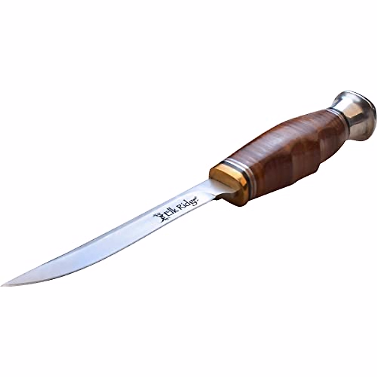 Elk Ridge - Outdoors OUTSKIRT Fixed Blade Knife - 7.0-in Overall, Satin Finish Stainless Steel Skinner Blade, Stacked Leather Handle, Includes Leather Sheath, Hunting, Camping, EDC - ER-200-31LBR