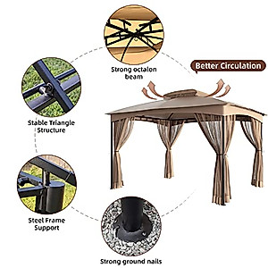 DikaSun Gazebo 10x12 Steel Frame Double Vent Waterproof Roofs Outdoor Gazebo with Netting Canopy Gazebos Patio Gazebo for Garden, Backyard, Deck, and Lawns (Beige)