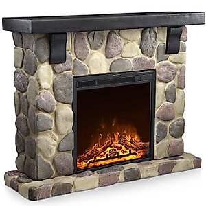 R.W.FLAME Electric Fireplace Mantel Package, 48 inch Freestanding Stone Fireplace Heater TV Stand with Remote Control, 7 Flame Brightness Settings, 750W/1500W,New