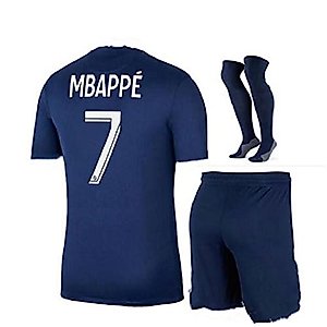 Paris Mbappe Blue Home 22/23 Soccer Kids Jersey + Shorts + Socks Set Kit Size Small (6-7 Years Old) for Youth