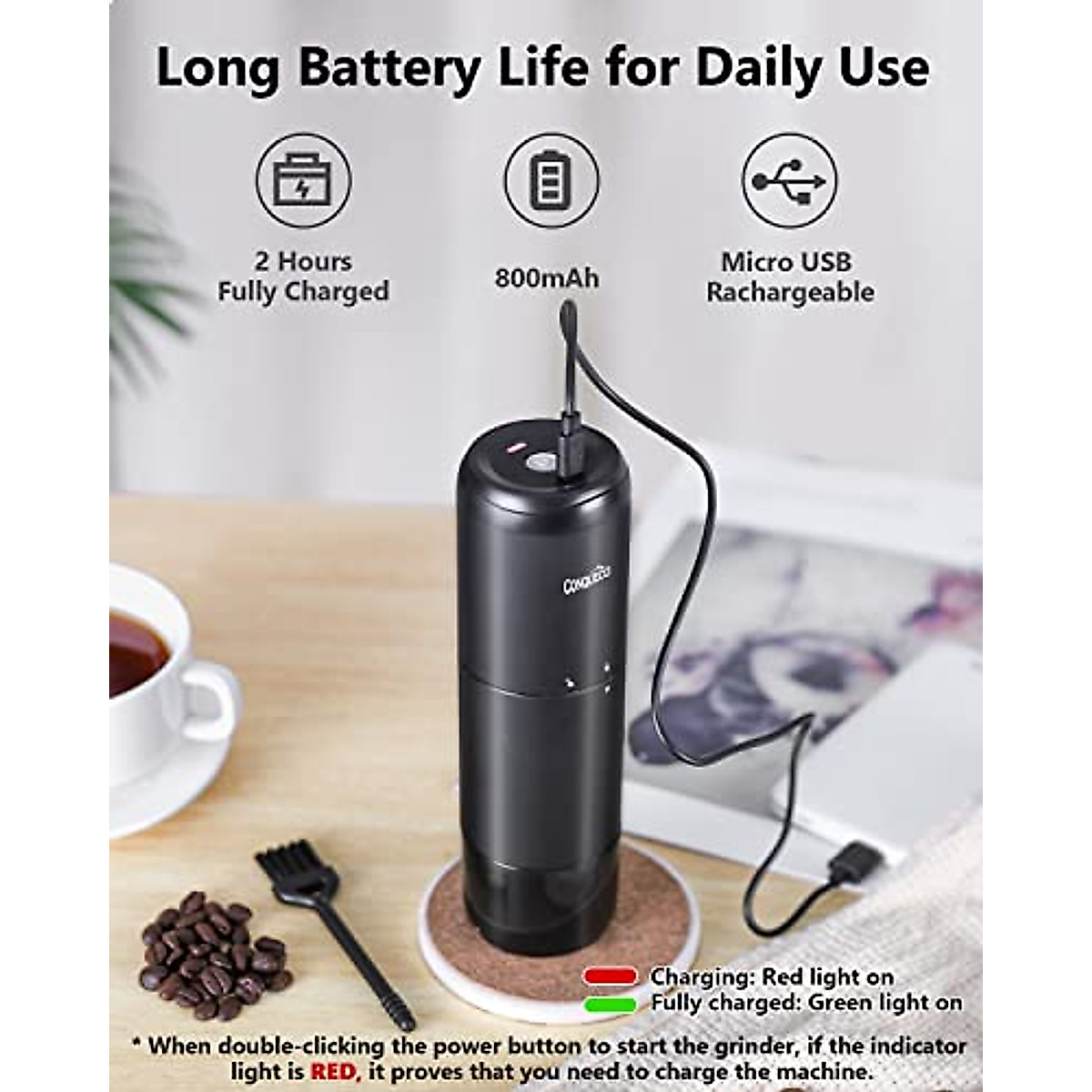Portable Electric Burr Coffee Grinder: CONQUECO Small Coffee Bean Grinding Machine - Rechargeable Stainless Conical Burr Grinders with Multiple Grind Settings, 20g (with Brush)