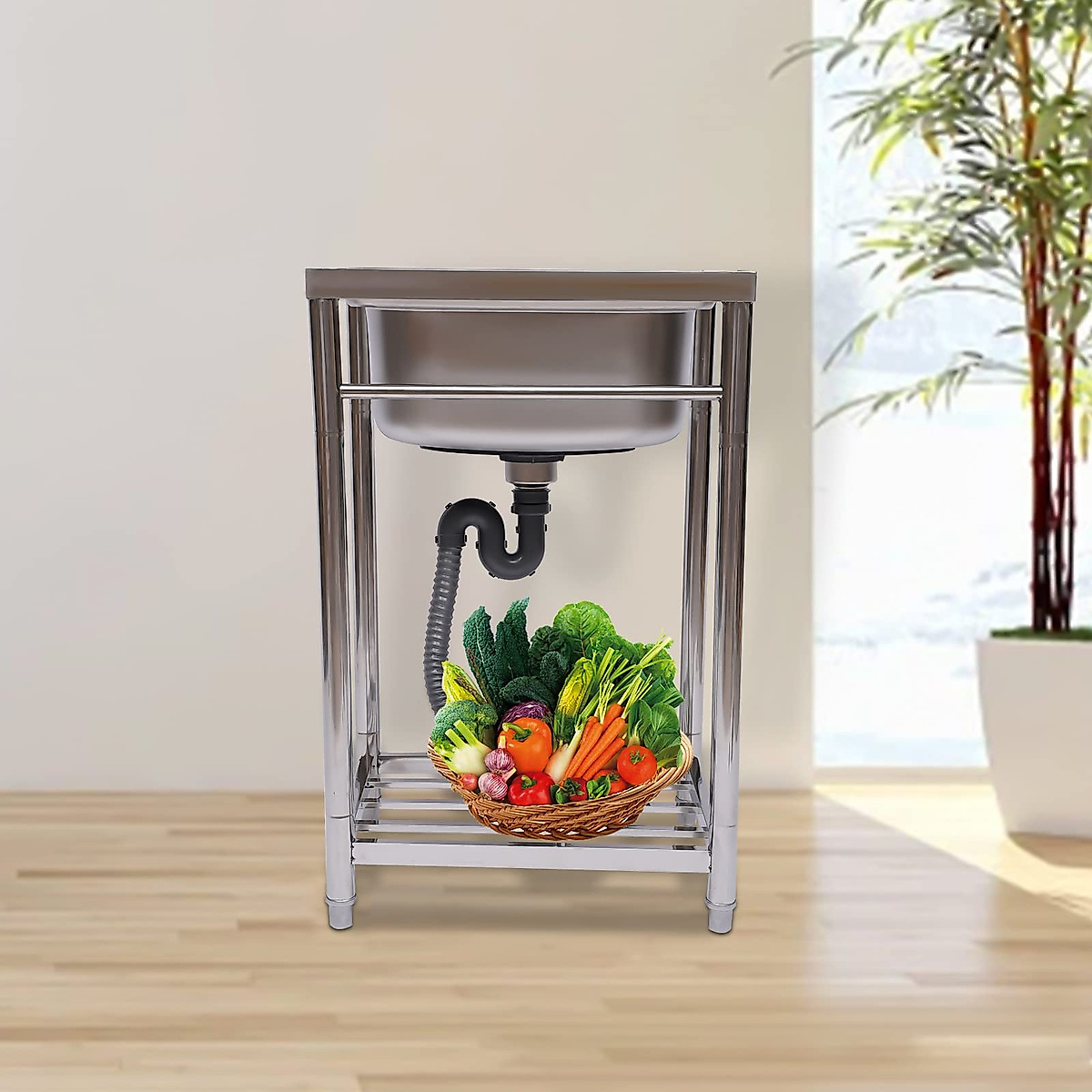 Cutycaty Standing Kitchen Sink, Stainless Steel Single Bowl Basin Sink with Silencing Pad and S-Shaped Water Pipe, Space-saving Catering Washing Bowl for Kitchens Bars Restaurants