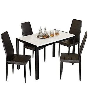 Lamerge Faux Marble Dining Table Set for 4,5 Piece Dining Room Table Set,Rectangular Table and 4 PU Leather Chairs for Living Room,Dining Room,Breakfast Nook,White&Black, (LMDT-wb)