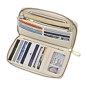 Premium Real Full Grain Leather Classic Long Zipped Wallet with Multiple Card Slots | Phone Clutch | Large Capacity Card Holder Organizer for Men Women (Beige Quilted) (JK-ZW19)