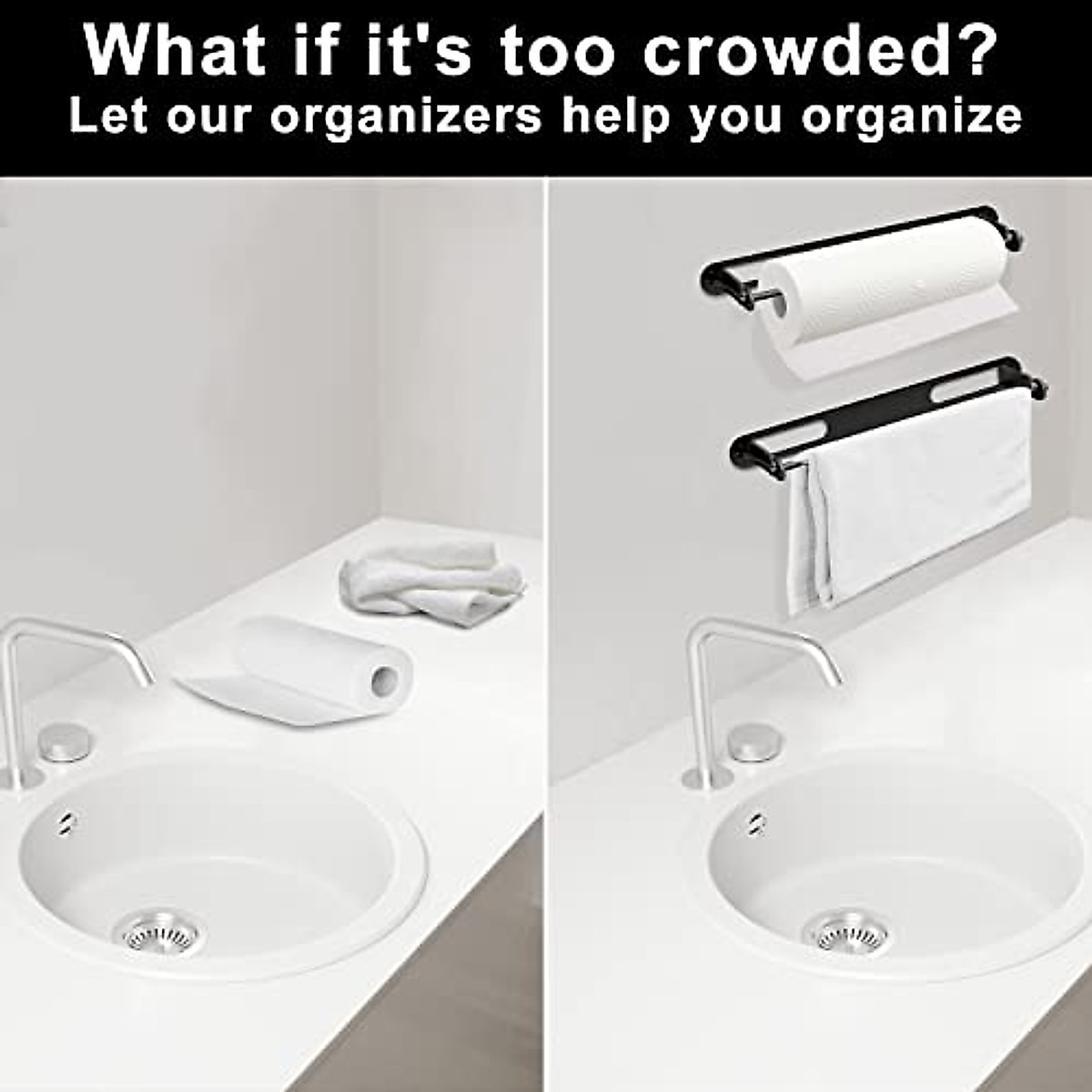 Ayybboo Paper Towel Holder,Under Cabinet Paper Towel Holder,Alloy Steel Foldable Wall Mounted Towel Large Roll Adhesive Bag Holder with Adhesive and Screw for Kitchen,Pantry,Bathroom 13.8in(Black)